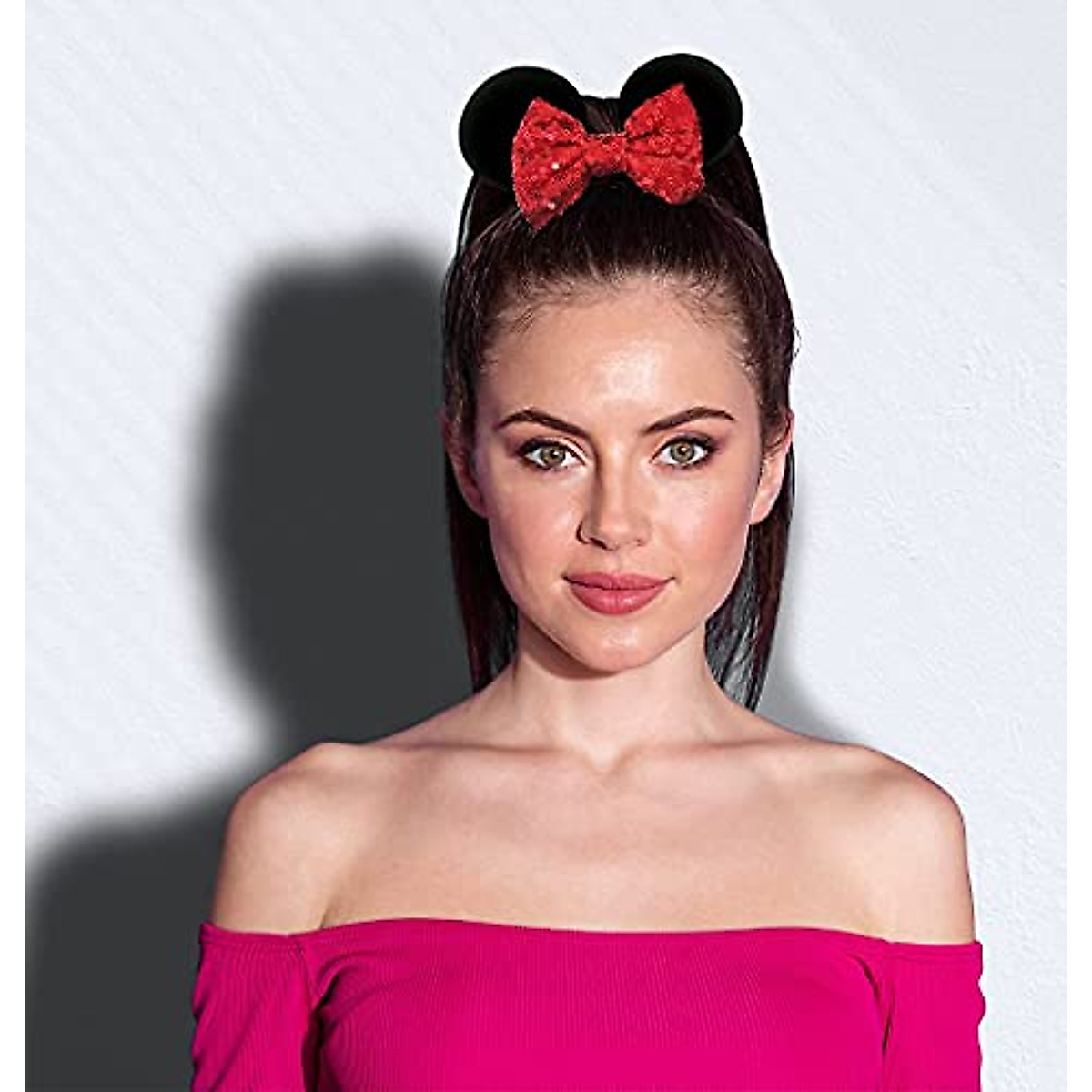 Styla Hair 2 Pack Mouse Ear Scrunchies for Kids Velvet Hair Bow Scrunchies for Women - Sparkle Sequins Mouse Hair Bands for Pony Tail - Red & Black