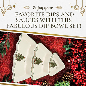 Spode Christmas Tree 3-Piece Dip Bowl Set | Ceramic Dipping Bowls | Christmas Dip Bowls | Salsa Bowls for the Holidays | Dishwasher Safe Sauce Bowls | Sauce Dish - Set of 3, 2'' x 11'' x 9.5''