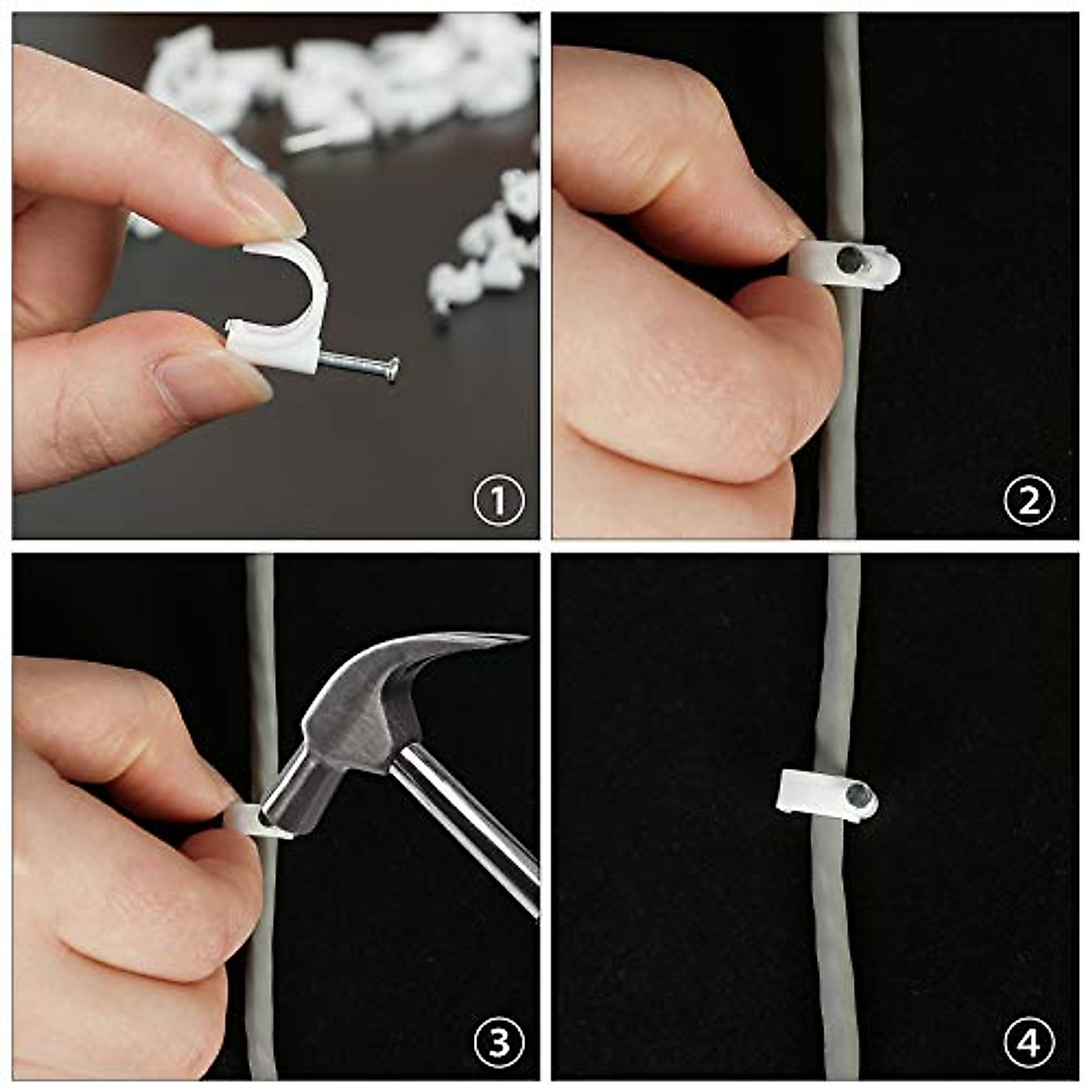 Attmu 500 Pack Cable Clips White Cable Wire Clips ​Management with Steel Nails 4mm 6mm 8mm 10mm 12mm Ethernet Cable Nails Round Cable Wire Tacks for Cat6 Rg6, Rg59, Rj45 Cable, White