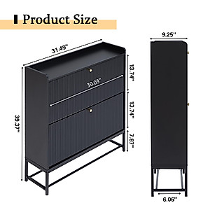 RARZOE Fluted Shoe Cabinet with 2 Flip Drawers, Modern Slim Shoe Storage Organizer, Narrow Entryway Shoe Rack, Tipping Shoe Cabinet with Metal Legs for Heels, Boots, Slippers in Entrance, Black