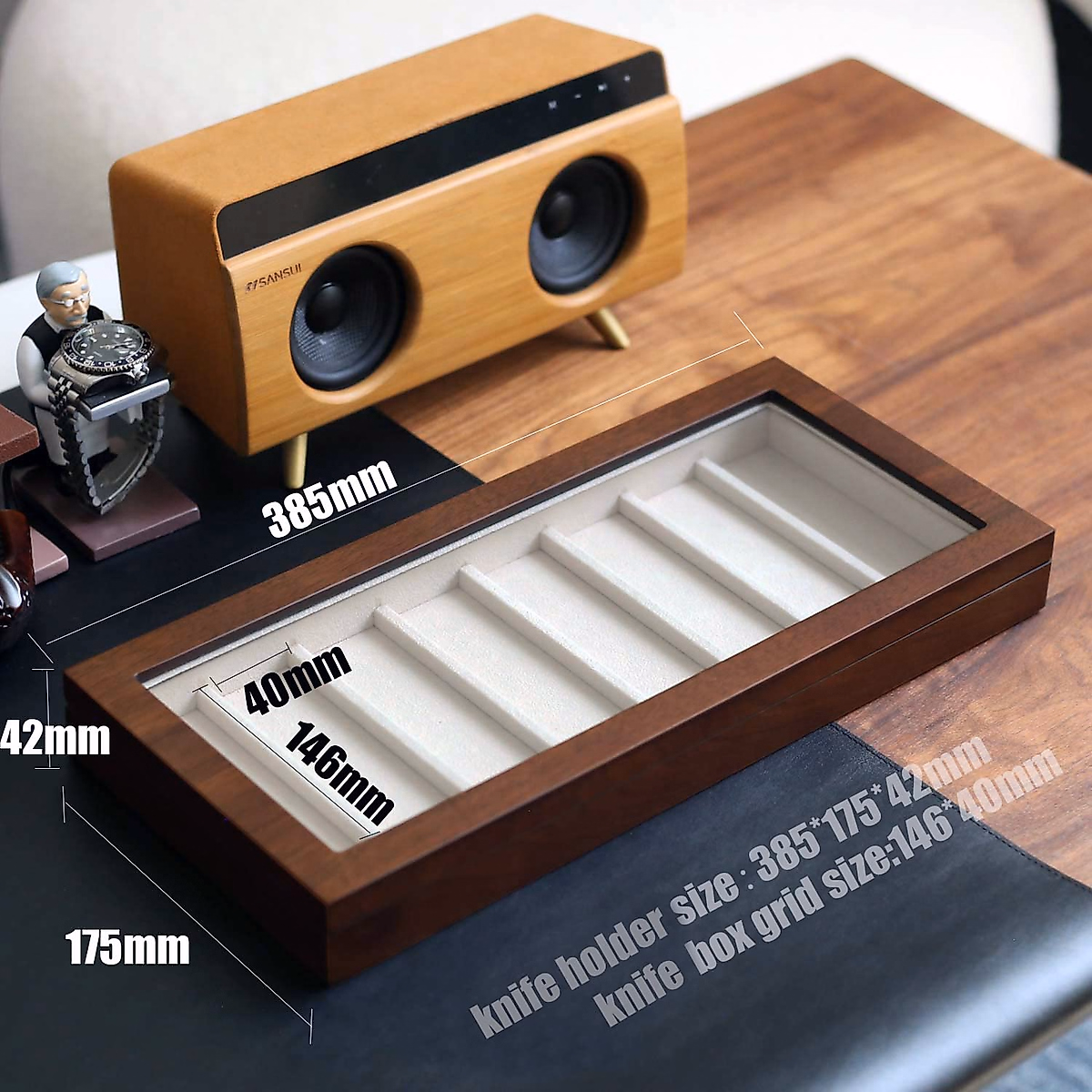 Besforu Knife Display Case Organizer storage 8 pocket knives, Folding Knife Holder with Real Glass Window Top， Pocket knife collection box for men gift (Walnut Veneer 8 slot)