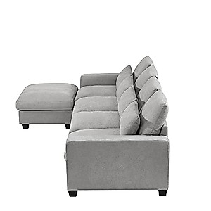 130" L-Shaped Convertible Deep Seat Feather Filled Modular Sectional Sofa with Reversible Chaise/Movable Ottoman&4 Waist Pillows,Comfy Upholstered Corner Couch,5-Seat Oversized Sofá for Living Room
