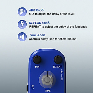 AZOR Delay Guitar Effect Pedal Vintage Delay Mini Pedal with Guitar Pedal Power Cable,9V Battery Clip Converter Power Cable