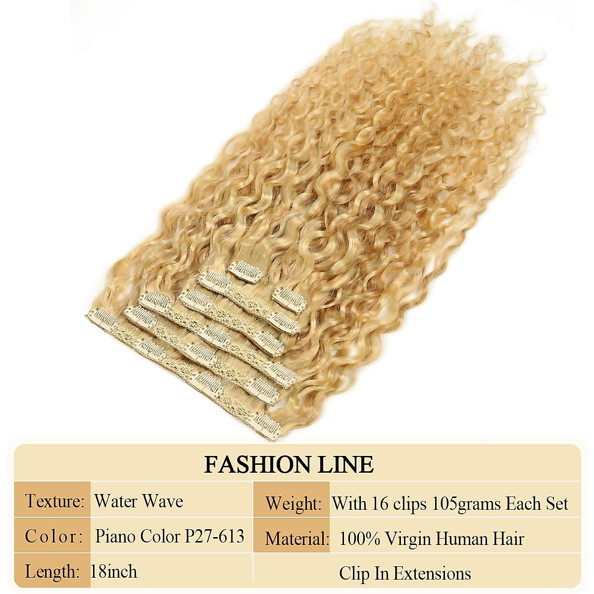 FASHION LINE Brazilian P27-613 Water Wave Blonde Human Hair Extensions Unprocessed Human Hair Bundles Weft 1PC 100g Piano Color (18" 100G Clip In Human Hair P27-613)