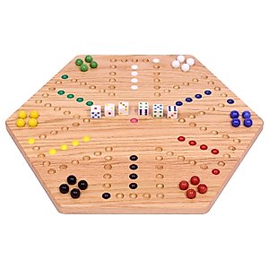 AmishToyBox.com Wahoo Marble Game Board Set - 16" Wide - Solid Oak Wood - Double-Sided - with 16mm Marbles and Dice Included