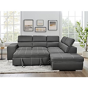 THSUPER 104'' Microfiber Sectional Sleeper Sofa with Pull-Out Bed, Sofa with Chaise & Storage Ottoman. 5 Seater L-Shaped Couch with Adjustable Headrest and Stools. Charcoal Grey