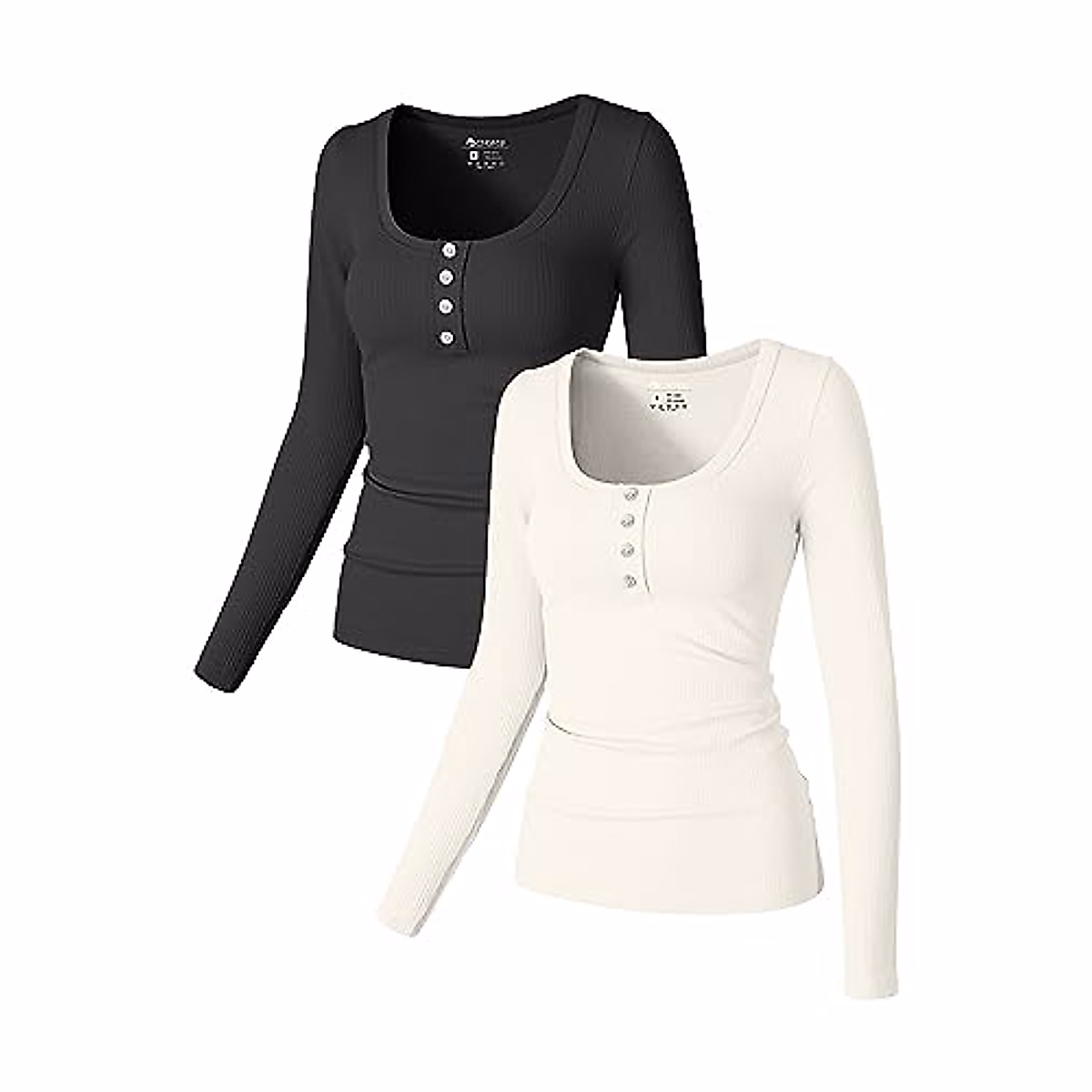 OQQ Women's 2 Piece Long Sleeve Seamless Ribbed Button Stretch Shirt, Black,beige, Medium