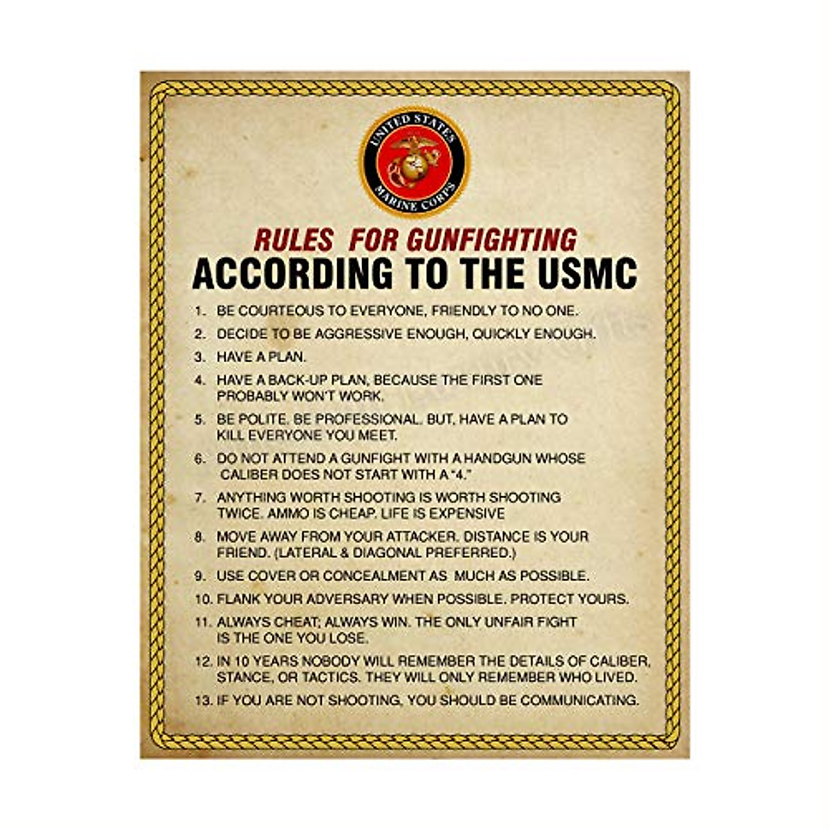 "Rules for Gunfighting According to the USMC"-U.S. Marine Corps Wall Art- 8 x 10" Distressed Patriotic Print-Ready to Frame. Home-Office-Military Decor. Perfect Gift for All Marines! Semper Fi!