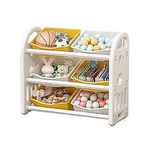 GONICVIN Toy Storage Cabinet Unit, Plastic Storage Rack with 6 Baskets for Children Playroom, Multi-functional Storage Organizer for Livingroom, Bedroom (Yellow)