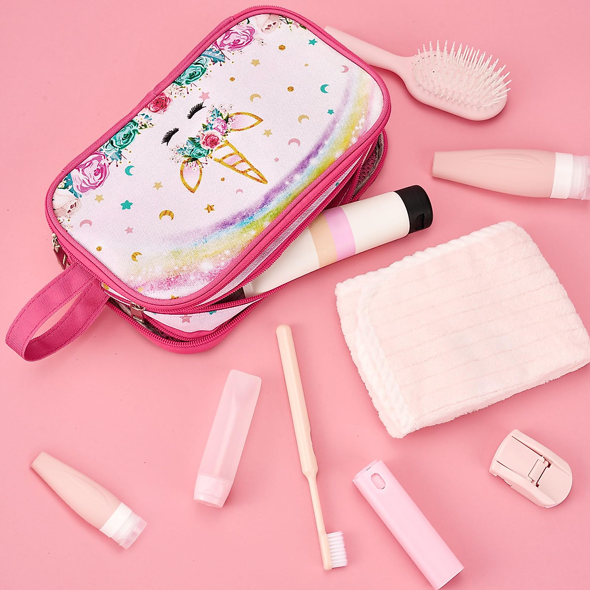 WAWSAM Rainbow Pink Toiletry Bag - Travel Toiletry Bag for Kids Girls Christmas Birthday Gift Camping Toiletry Case Toiletries Makeup Cosmetic Pouch Pink Water-resistant Wash Bag Dopp Kit with Pocket