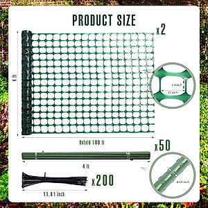 Thyle 2 Roll Plastic Garden Fence 4 x 100 ft Mesh Fencing Roll Outdoor Snow Fence with 50 Fence Stakes 200 Cable Ties Green Temporary Poultry Fence Safety Construction Barrier Net for Yard Pet Plants