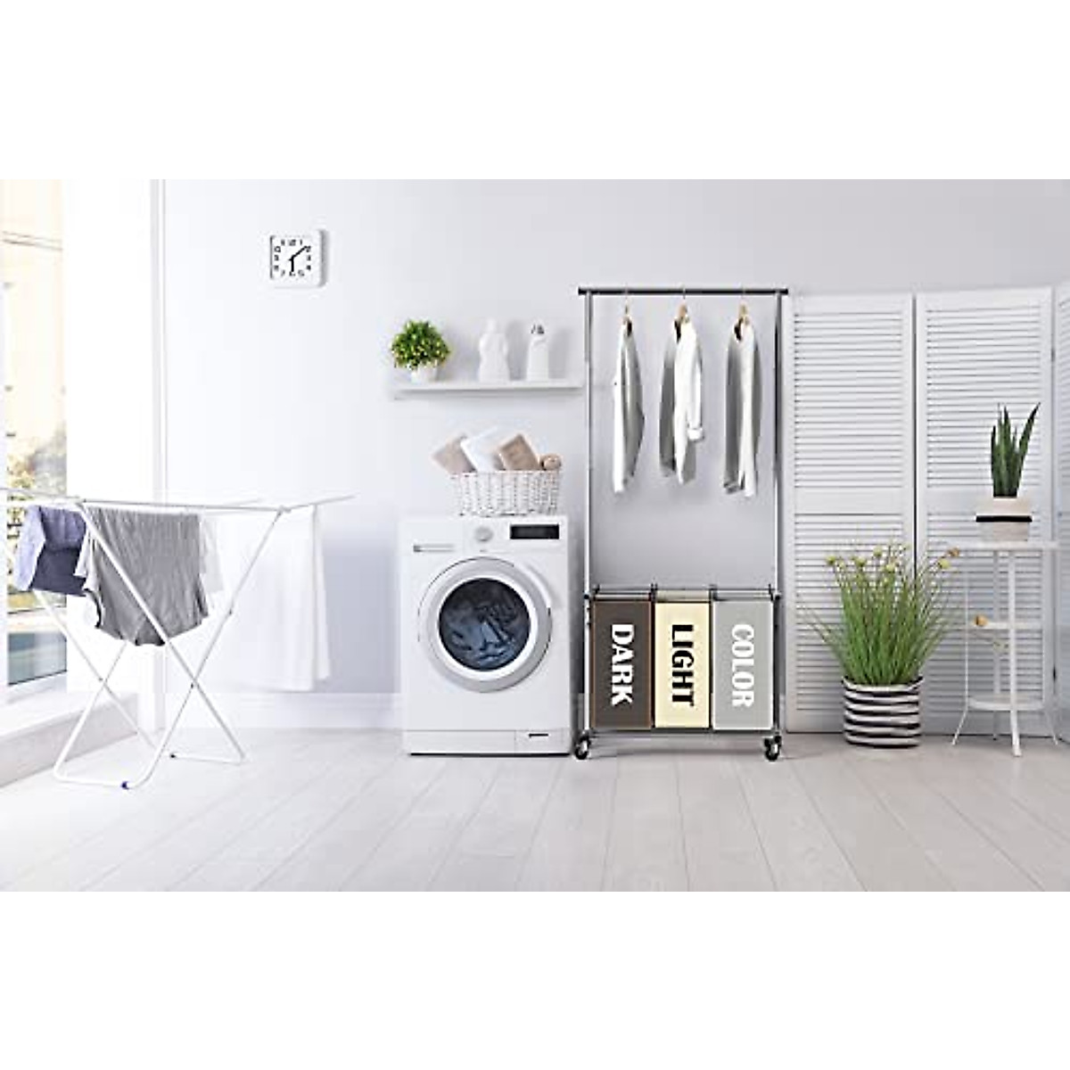 Simple Houseware Garment Rack with 3 Bag Laundry Sorter, Multi Color