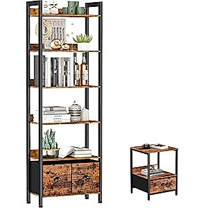 Furologee 6-Tier Bookshelf and Nightstand Set, Tall Bookcase and Rustic End Table with Fabric Drawers, Metal Frame, Rustic Brwon