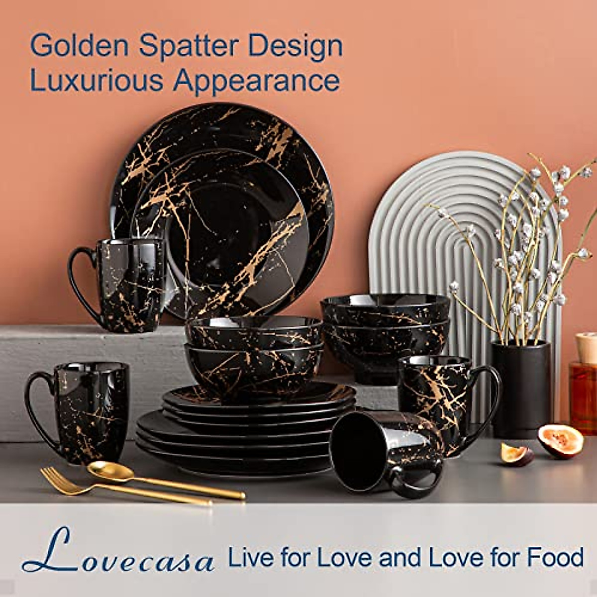 Plates and Bowls Sets for 4, Black Dinnerware Sets 16 Piece Gold Splash Glaze Round Dish Set, LOVECASA Porcelain Plate Set with Mugs Dishwasher Microwave Safe