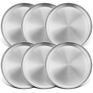 LIANYU 6-Piece Kids 18/8 Stainless Steel Plates, 8 Inch Toddler Metal Round Dinner Plates, Kids Children Dishes for Serving Outdoor Camping, Matte Finished, Dishwasher Safe