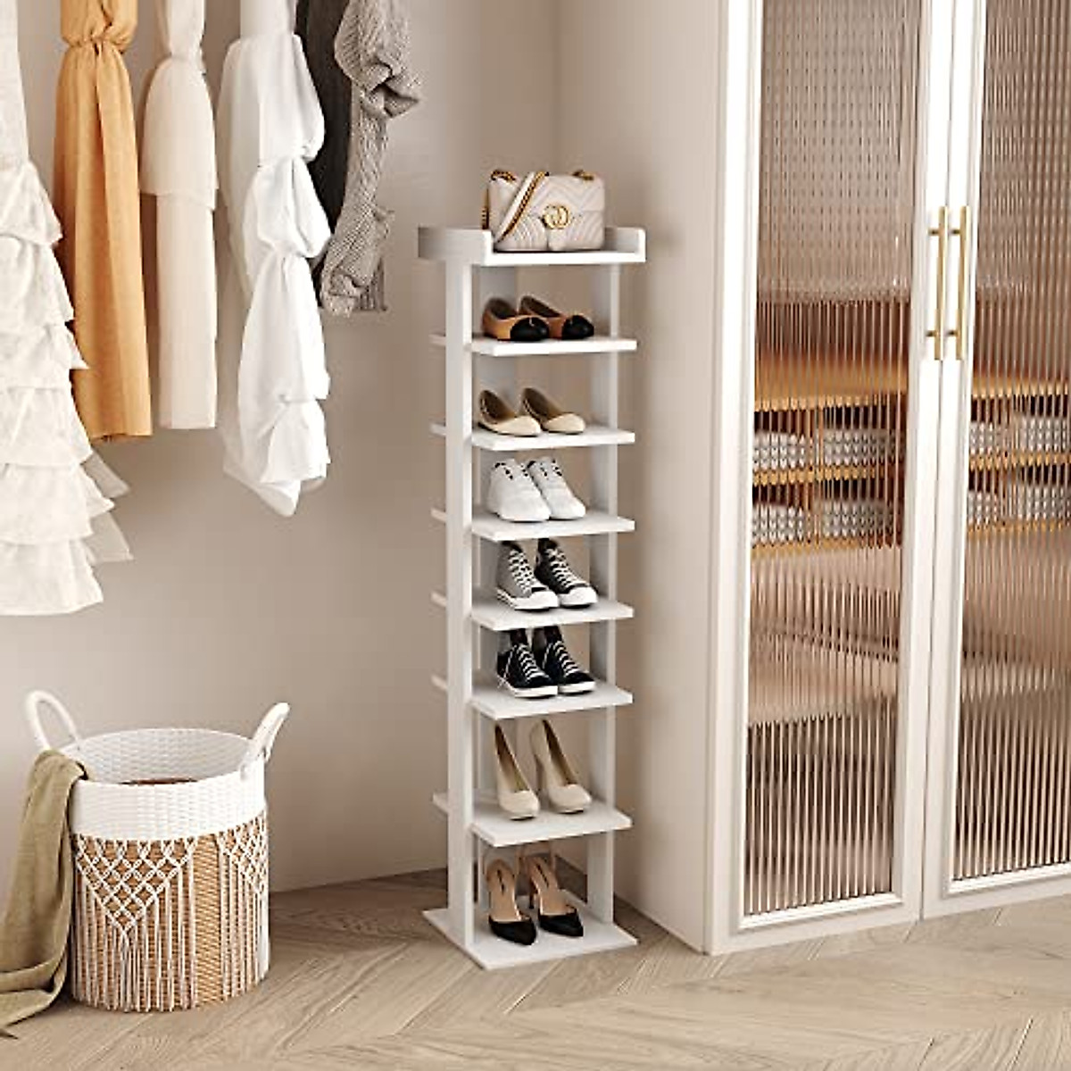 HOMEFORT 7-Tier Wood Shoe Rack, Entryway Shoe Tower,Vertical Shoe Organizer, Wooden Shoe Storage Stand(White)