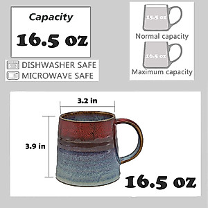 wewlink Large Ceramic Coffee Mug, Pottery Mug,Tea Cup for Office and Home,Handmade Pottery Coffee Mugs,16.5 Oz,Dishwasher and Microwave Safe,kiln altered glaze craft (Red)