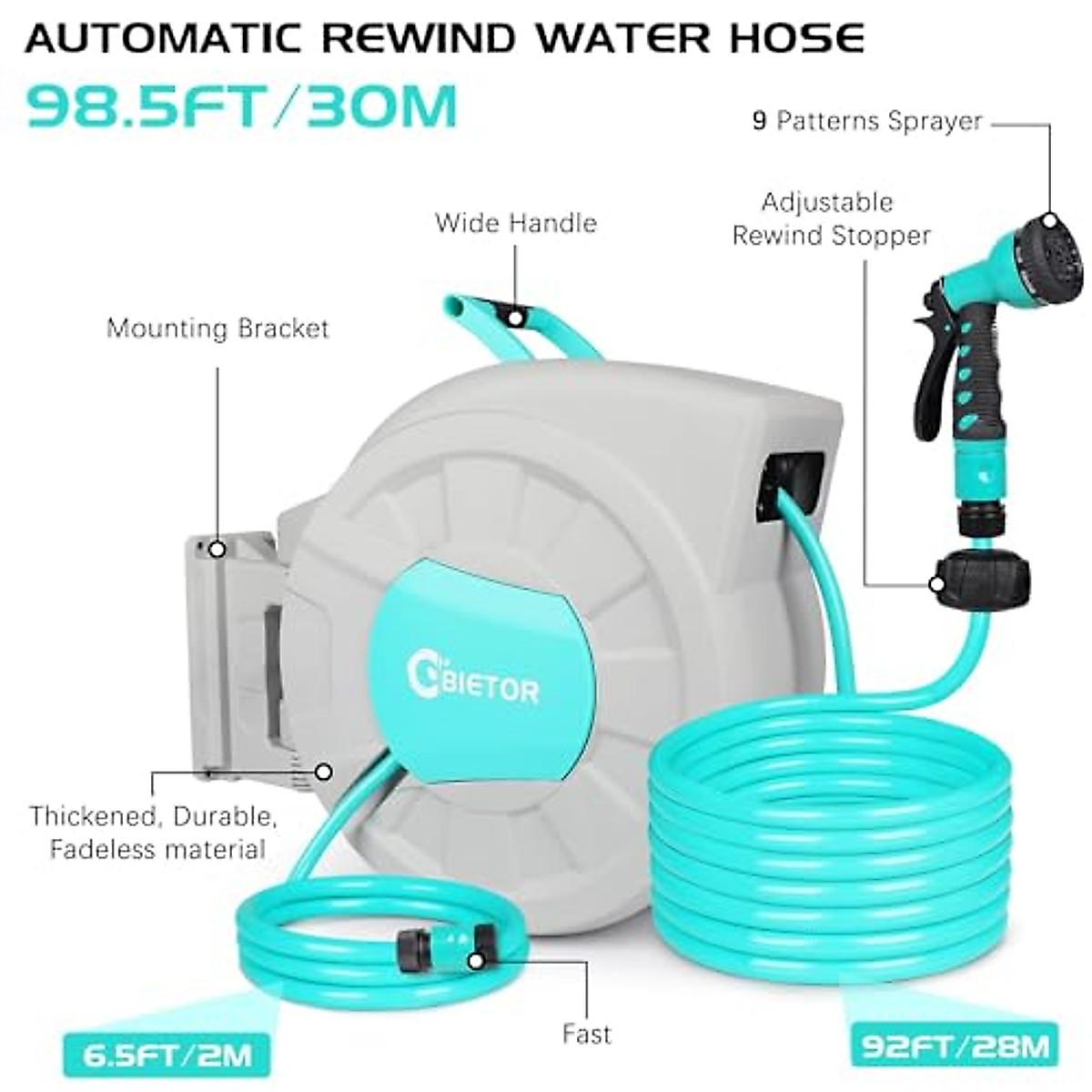 Bietor Garden Hose 115ft+6.5ft, Retractable Garden Hose Reel Flexible, Water Hose With Reel Automatic Rewind, Heavy Duty Garden Hose With 9 Patterns Spray Nozzle