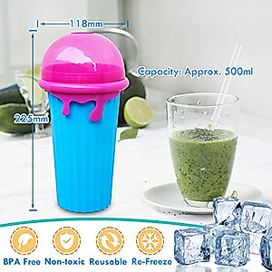 Slushie Maker Cup Squeeze, 500ml DIY Quick Frozen Magic Cup Slushy With Lids & Straws for Kids & Adults, Homemade Summer DIY Ice Cream Maker (Blue)