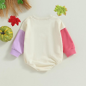 Infant Baby Boy Girl Halloween Outfit Pumpkin Sweatshirt Bubble Romper Oversized Sweater Bodysuit Fall Winter Clothes (Red Purple Beige, 18-24 Months)