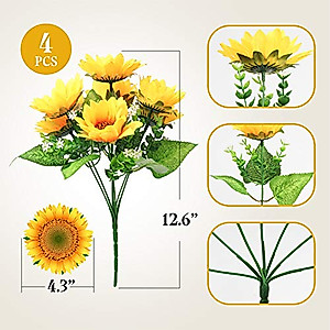 Mocoosy 4 Bunches Artificial Sunflowers Bouquets, Fake Silk Sunflowers with Stems for Decorations, Yellow Faux Sun Flowers Bulk Arrangements for Wedding Birthday Party Home Decor