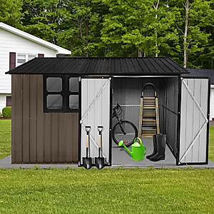 ACQCA 10FTx8FT Outdoor Metal Storage Garden Sheds with Window and Punched Vents,Galvanized Garden Gazebos Shed,w/Hinged Door & Padlock,for Storing Bicycles,Lawnmowers,Easy to Assemble,Brown