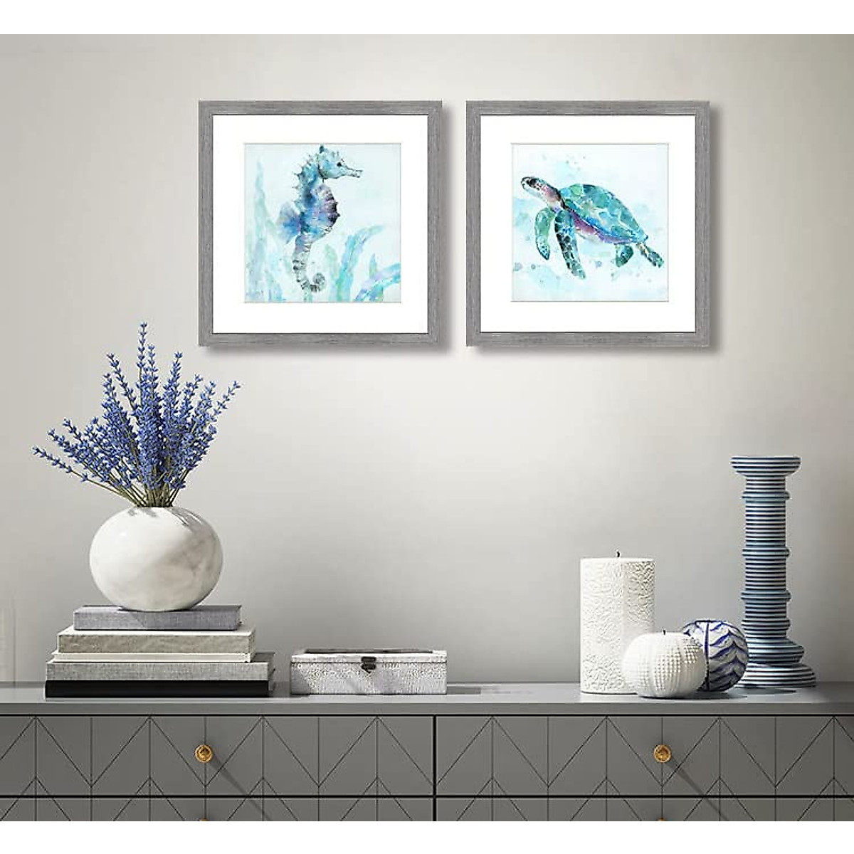Seahorse & Sea Turtle 12"x12" Coastal Nautical Wallart Picture Frame Print Painting | Set of 2 | Wall Art Ocean Beach Theme | Plexiglass | Matted Cavas Art Print | Bathroom Living Room Decoration