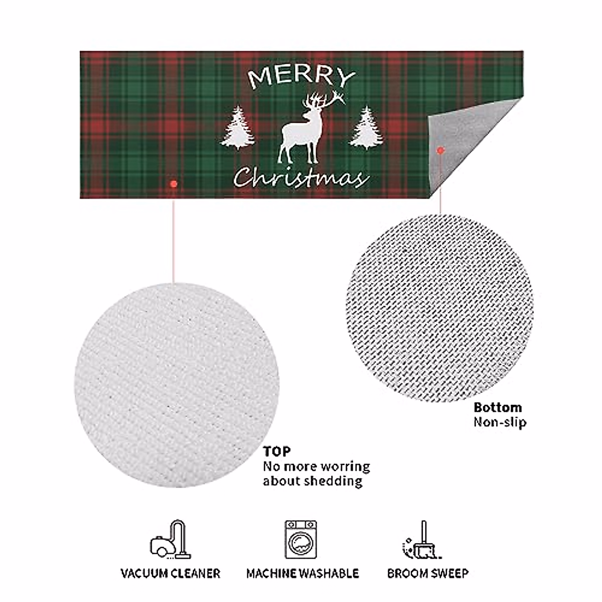 Welcome Mats, Merry Christmas Elk and Christmas Tree Red and Green Plaid Door Mat, Non-Slip Absorbent Large 24x71 Inch Outdoor Indoor Mat Low-Profile Floor Mat Doormat for Entryway/Patio/Garage