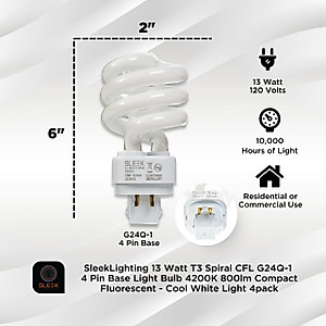 SLEEKLIGHTING 13 Watt T3 Spiral CFL 4 Pin G24Q-1 Base Light Bulb 4200K 800lm - Compact Fluorescent -Warm White Light 4pack