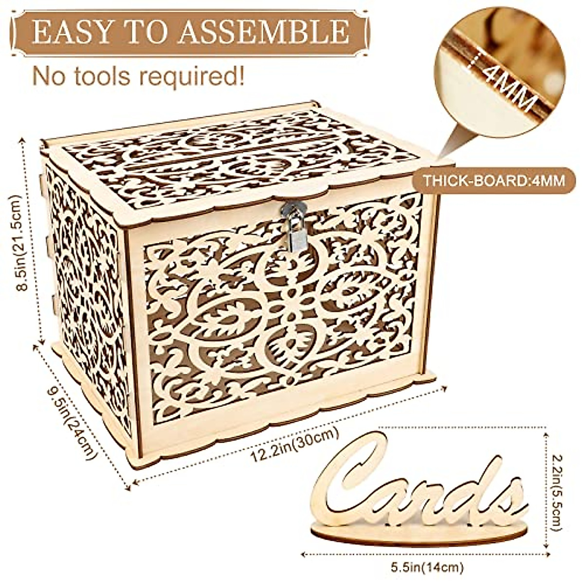 OurWarm DIY Wedding Card Box with Lock Rustic Wood Card Box Gift Card Holder Card Box Perfect for Weddings, Baby Showers, Birthdays, Graduations Hold up 225 Cards