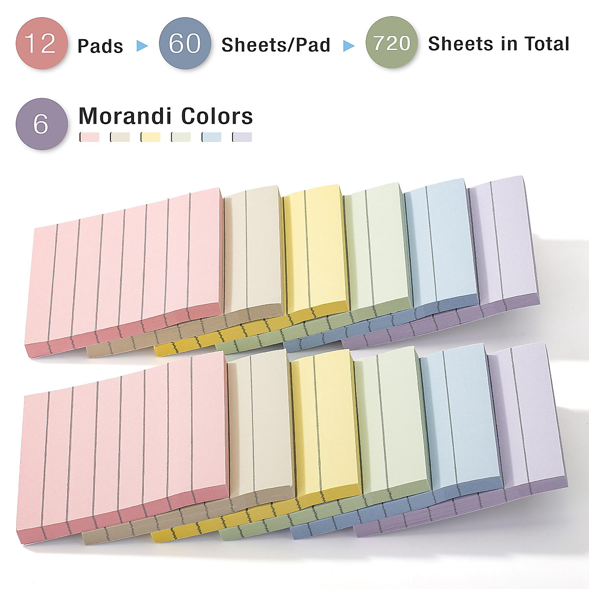 Mr. Pen- Lined Sticky Notes 3x3, 12 Pads, 720 Sheets in Total, Morandi Colors, Sticky Notes with Lines, Sticky Note Pads, Sticky Pads, Sticky Notes Lined, Colorful Sticky Notes, Mr Pen Sticky Notes