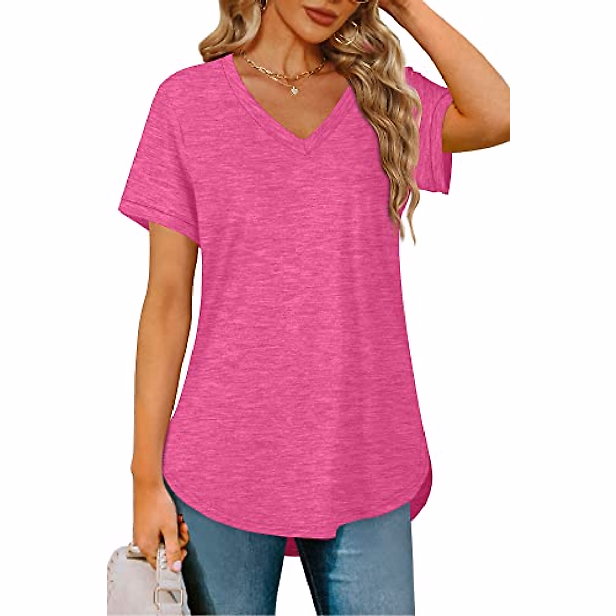 T Shirts for Women Loose Fit Tunic Tops to Wear with Leggings Hot Pink L