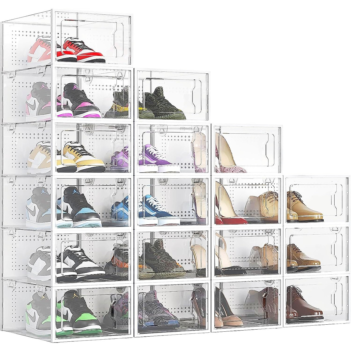 Elechomes Shoe Boxes Clear Plastic Stackable, 18 Pack Premium Shoe Organizer Storage for Closet Space Saving Foldable Shoe Rack Containers, Sneaker Display Case Holder Shoe Bin for Entryway Drawers