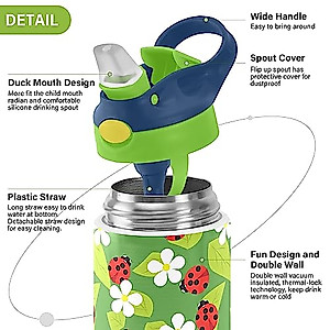 ALAZA Ladybug White Floral Kids Water Bottles with Lids Straw Insulated Stainless Steel Water Bottles Double Walled Leakproof Tumbler Travel Cup for Girls Boys Toddlers 12 oz,Green