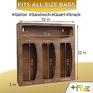 +Five Ziplock Bag Organizer, Food Storage Bag Organizer for Kitchen Drawer, Bamboo Wood Holder, Plastic Bag Holder Dispenser, Fits Gallon, Quart, Sandwich and Snack Variety Size Bags (Rustic Brown)