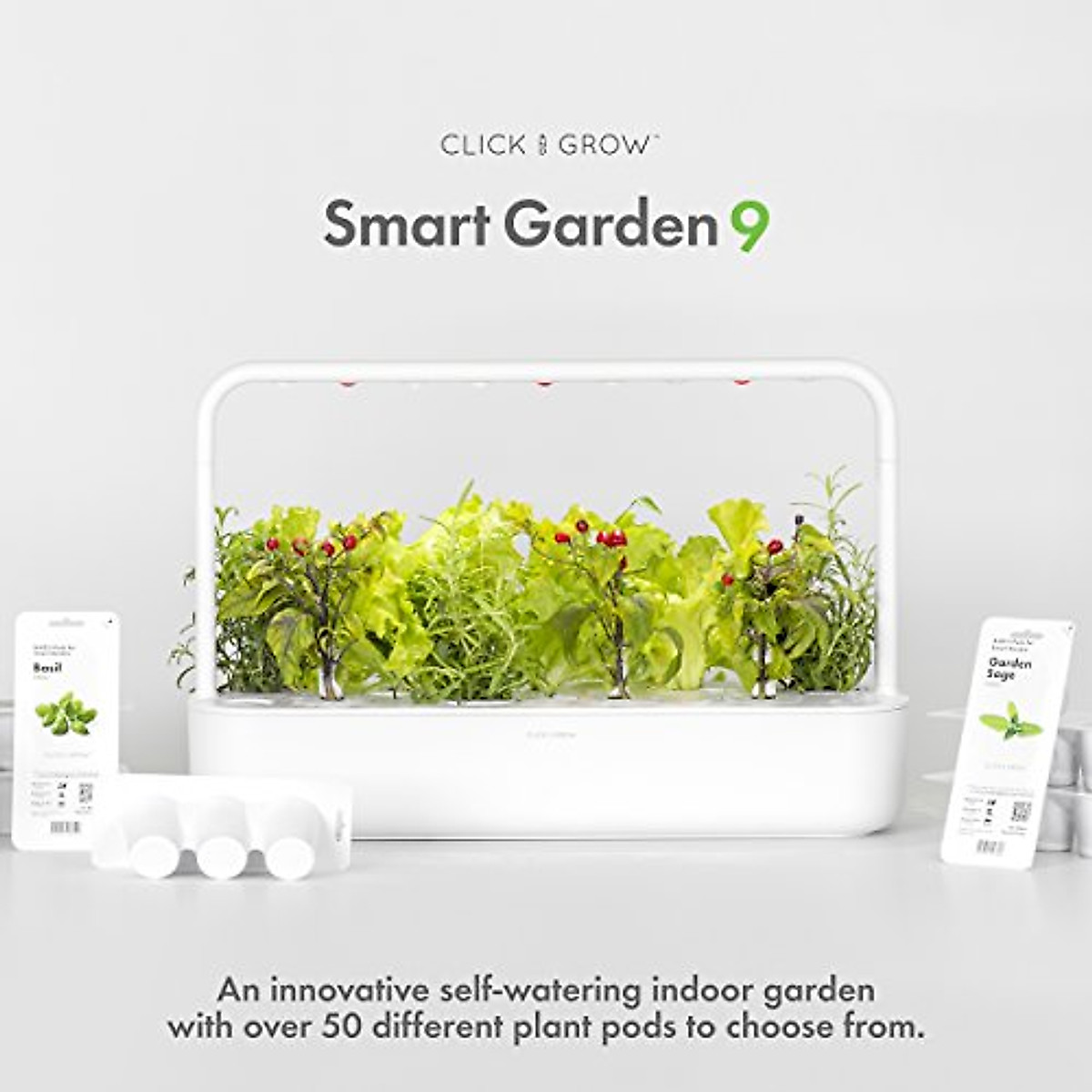 Click & Grow Indoor Herb Garden Kit with Grow Light | Easier Than Hydroponics Growing System | Smart Garden for Home Kitchen Windowsill | Vegetable & Herb Garden Starter Kit with 9 Plant pods, White