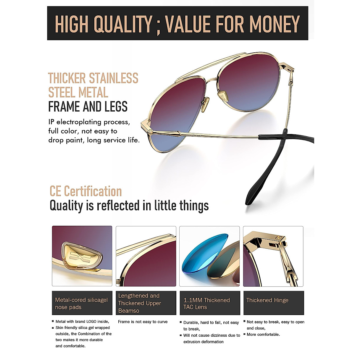 LUENX Men Women Aviator Sunglasses Polarized - UV 400 Protection Nonmirror Lens Metal Frame with Accessories 60mm(Gradient Red and Blue lens)