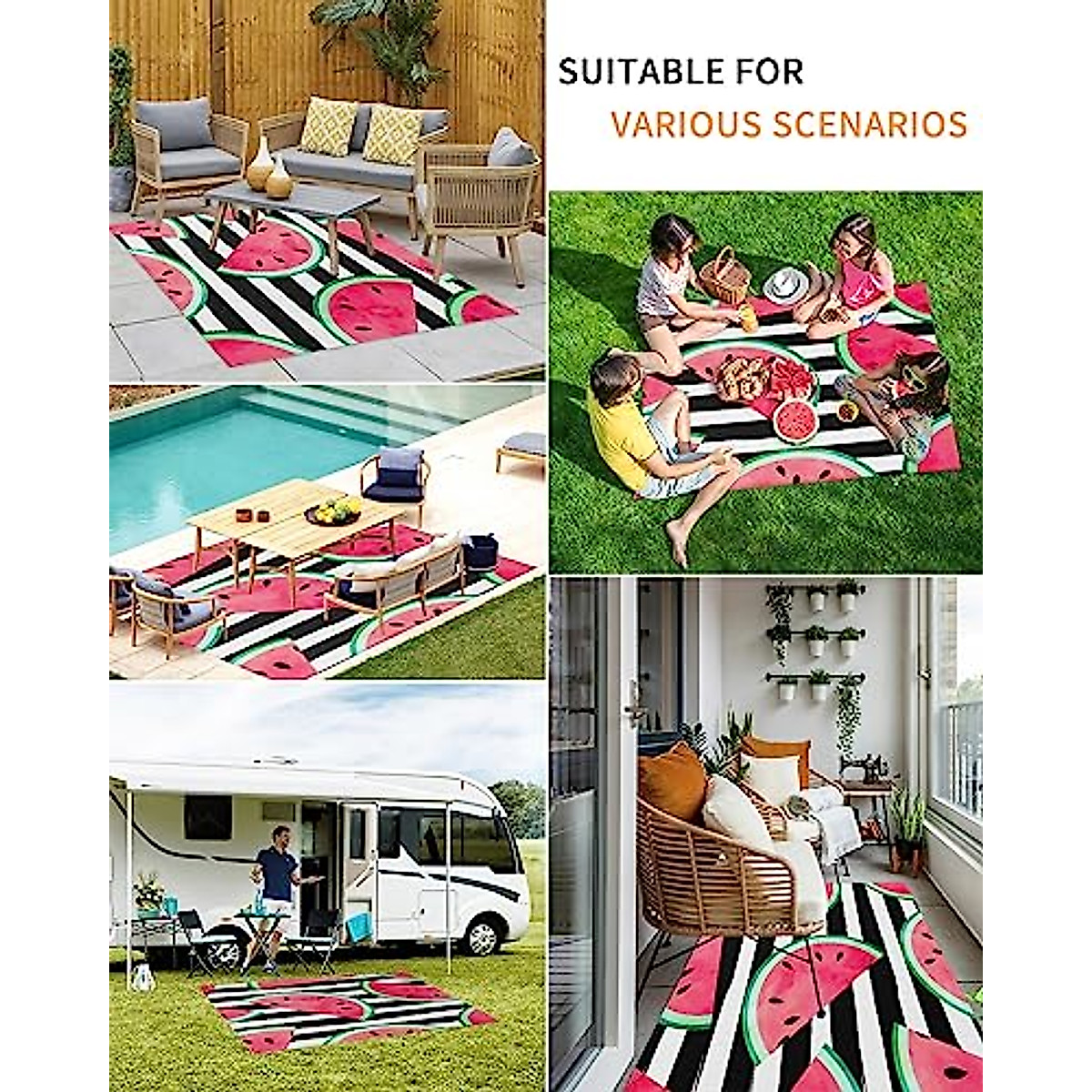 Outdoor Rug Waterproof Outdoor Patio Rug Outdoor Area Rug Mats RV Camping Rugs Outdoor Carpet Tropical Fruit Watermelon Pink Summer Stripe Black and White Background 4x6 Feet