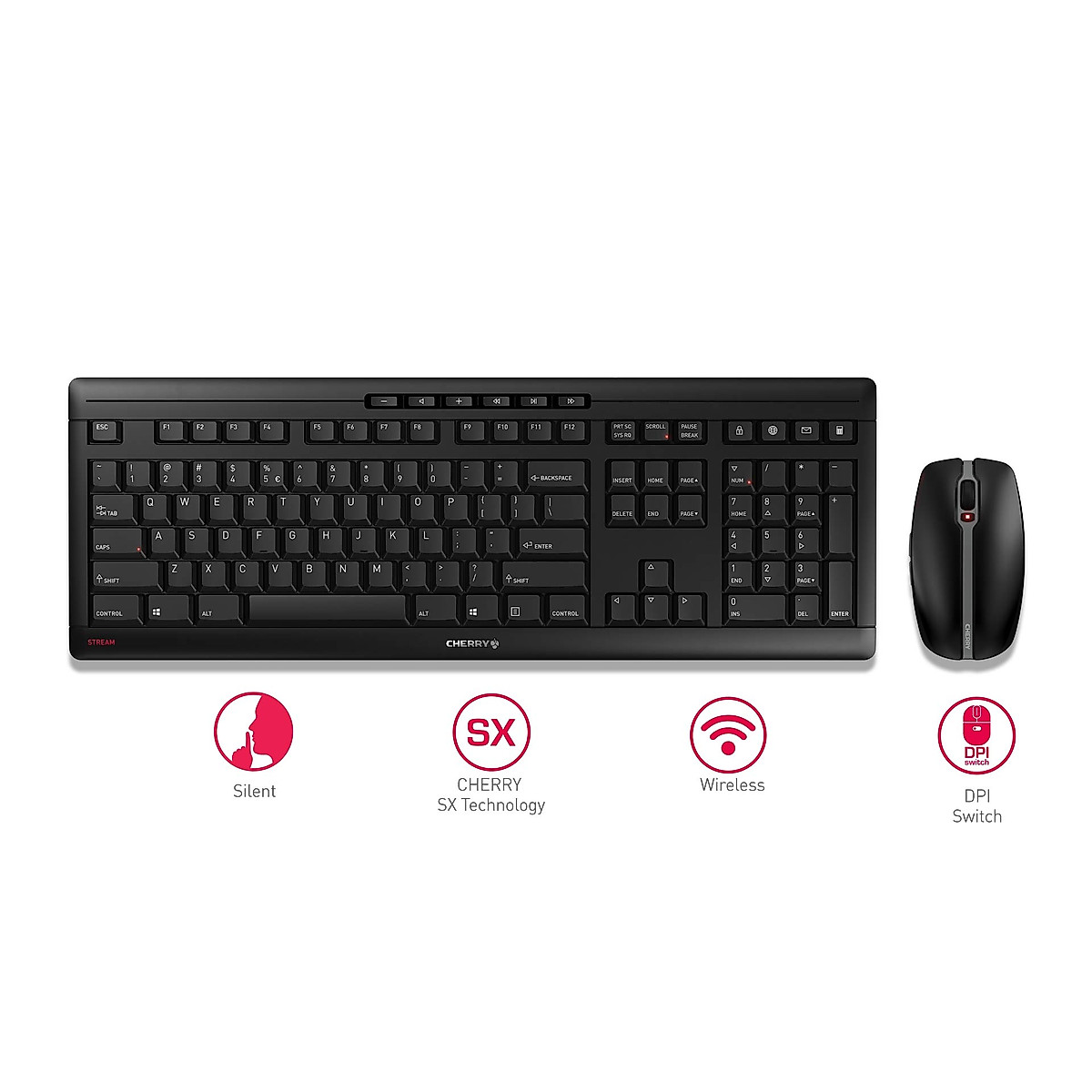 CHERRY Stream Desktop - Wireless Keyboard and Mouse Combo - US Layout - QWERTY Keyboard - Black