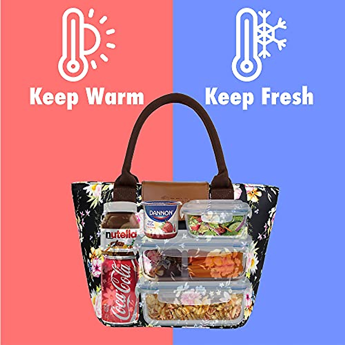 opux Lunch Bag Women, Insulated Lunch Box For Women, Large Womens Lunch Tote Work Office, Cute Soft Cooler Food Meal Prep Organizer, Cute Floral Lunch Purse Picnic Travel Beach, Flower Black