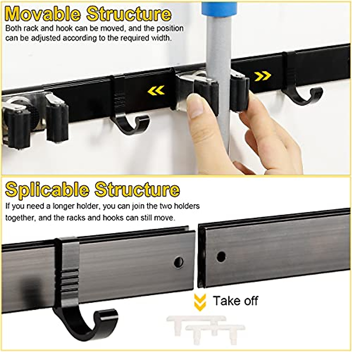 2 Pack 16'' Broom and Mop Holder Wall Mount with Movable Sliding 3 Racks 3 Hooks, Storage Organizer Wall Hanger, Cleaning Tool Hanging Grippers for Kitchen Bathroom Garden Garage Laundry Home Closet