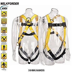 WELKFORDER 3D-Ring Industrial Fall Protection Safety Harness ANSI/ASSE Z359.11-2021 Compliant Full Body Personal Protection Equipment 3-Point Adjustment Universal 310 lbs