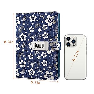 Lock Leather Binder Diary Personal Writing Diary Lock Journal Diary Digital Password Notebook， A8 Size, Silver