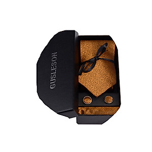 GUSLESON Mens Gold Solid Tie with Pocket Square Cufflinks set Woven Silk Necktie (0756-11)