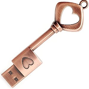 32GB USB 2.0 Flash Drive, BorlterClamp Memory Stick Retro Metal Love Heart Key Shaped Thumb Drive