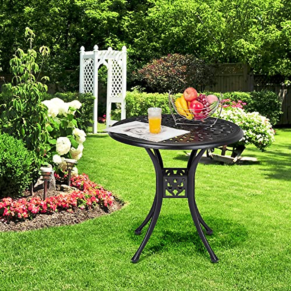 IDEALHOUSE Patio Bistro Table, Cast Aluminum Round Outdoor Table, Bistro Table with Umbrella Hole, for Poolside, Deck, Porch, Backyard, Garden, Balcony, Dia 30.25" x H 29.5", Black