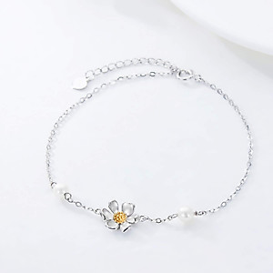 Yafeeso Solid 14K White Gold Daisy Bracelet for Women Daisy Flower Link Bracelet Daisy Jewelry Anniversary Birthday Gifts for Her, 6.5+2 Inch