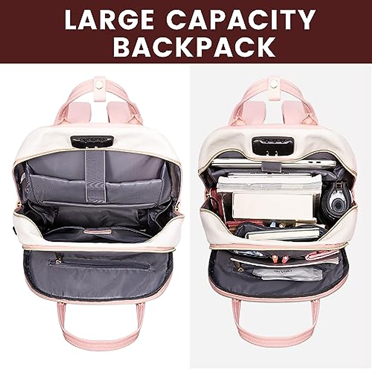 LOVEVOOK Laptop Backpack for Women, Fits 17 Inch Laptop Bag, Fashion Travel Work Anti-theft Bag, Business Computer Waterproof Backpack Purse, University Backpacks, Beige-Pink-Pink