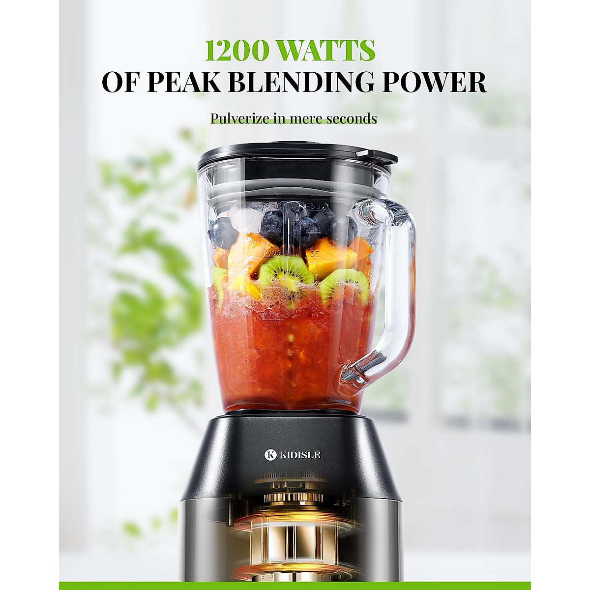 KIDISLE 1200W Powerful Professional Crusher Blender 2.0, 52oz Glass Jar Countertop Blender and Smoothie Blender, Shakes and Smoothies, Ice Crush, Frozen Fruit, Stainless Steel
