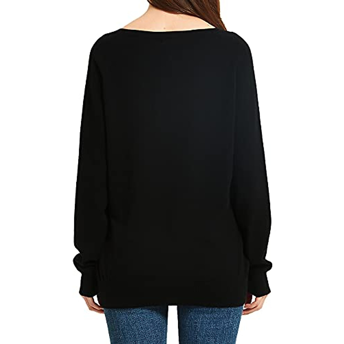 Kallspin Women's 100% Cotton Sweater Pullover Relaxed Fit V Neck Long Sleeve Fashion Knitted Jumper (Black,Medium)